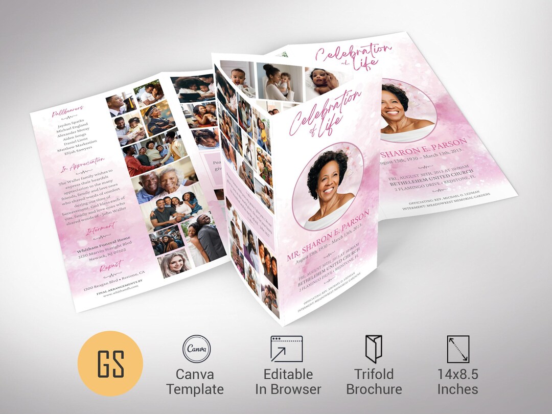 Pink Paint Funeral Program Template: Legal Trifold Obituary (canva ...