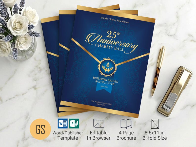 Blue & Gold Anniversary Gala Program Template for Word and Publisher: 4 ...