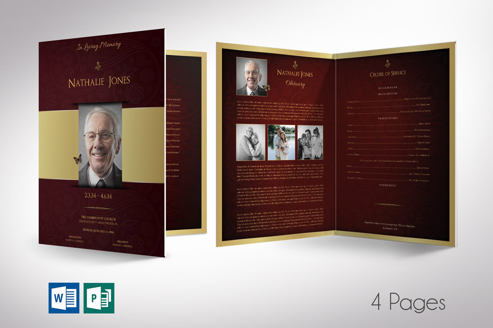 Gold Maroon Tabloid Funeral Program Template for Word and - Etsy