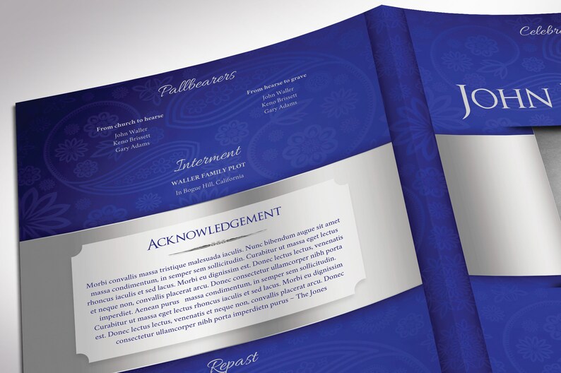 Blue Silver Funeral Program Template: 8 Page Bifold Obituary for Word ...