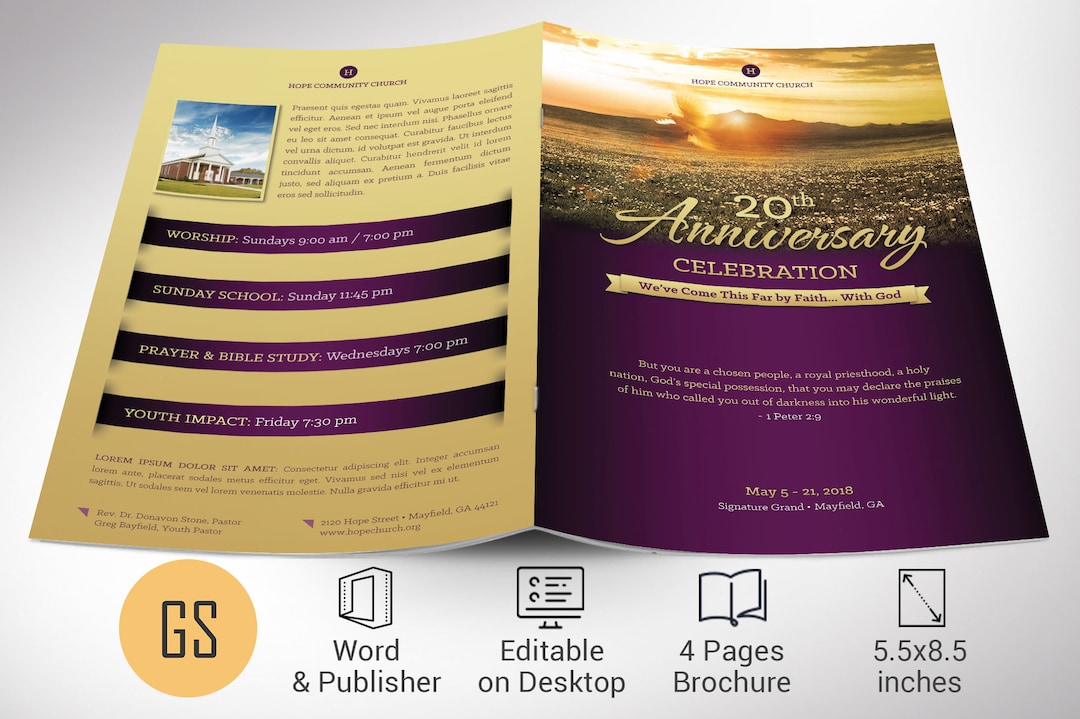 Church Anniversary Program Template Set, Word and Publisher, Pastor ...