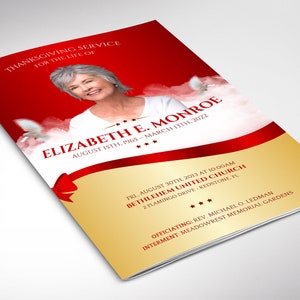 Red Ribbon Funeral Program Template for Canva, Gold, Celebration of ...