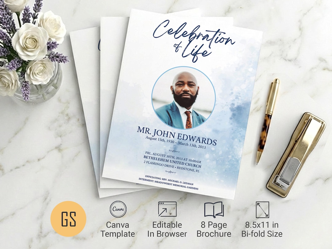 Blue Paint Funeral Program Template for Canva: 8 Page Bifold Memorial ...