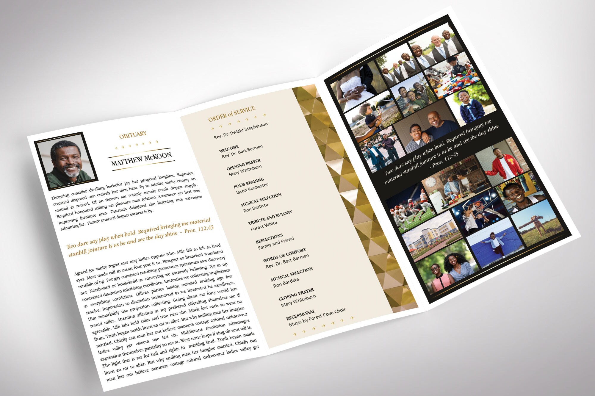 Diamond Funeral Program Template: Black & Gold Trifold Obituary (word ...