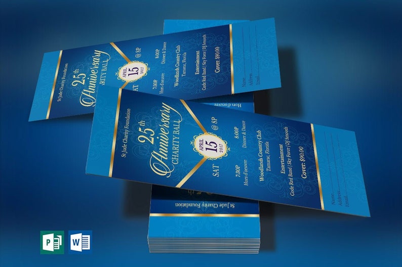 Blue Gold Anniversary Banquet Ticket Template (3x7 In) (digital ...