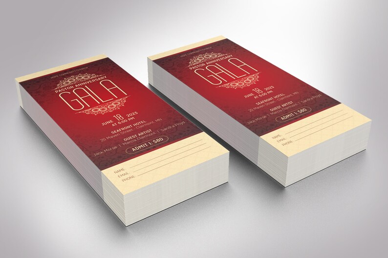 Pastor Anniversary Gala Ticket Template for Canva: Red and Gold Gala ...