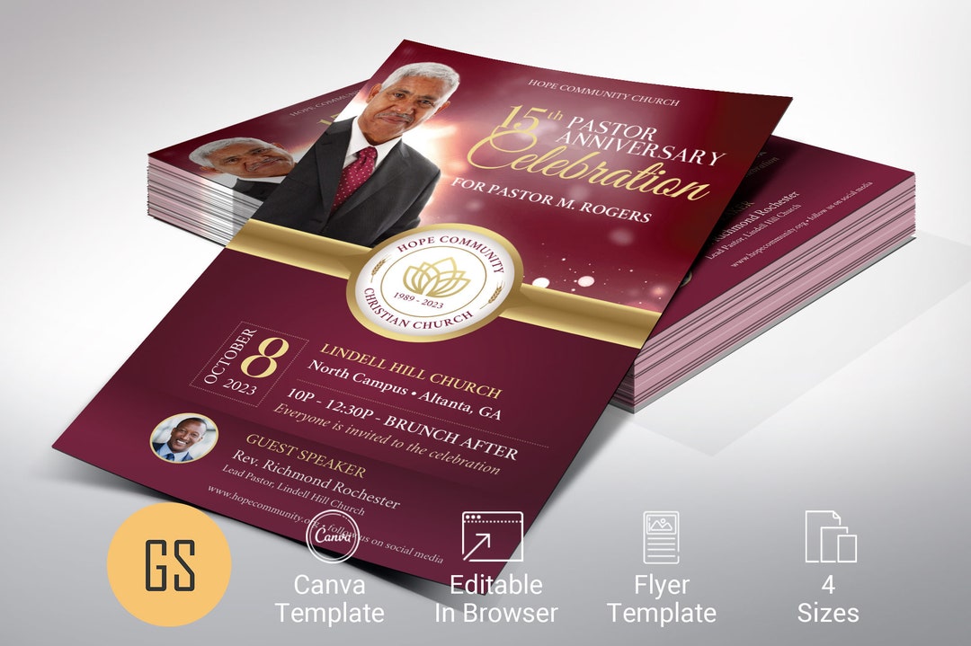 Pastor Anniversary Flyer Template: Burgundy & Gold Church Invitation ...