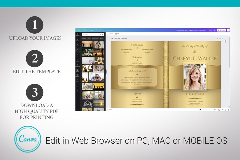 Gold Tabloid Funeral Program Template for Canva Bi-fold - Etsy