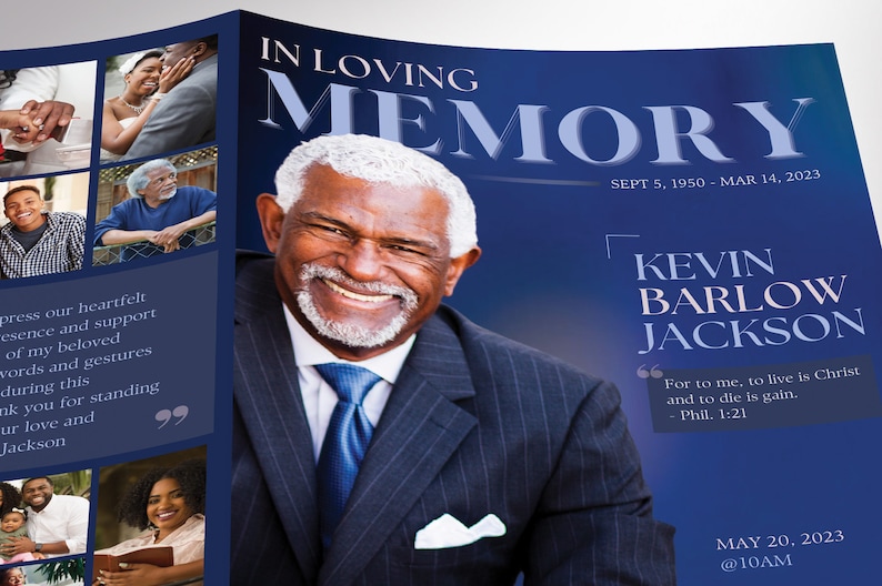 Blue Funeral Program Template Canva 4 Page Magazine Style Obituary 5 ...