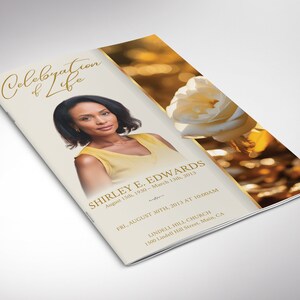 White Rose Funeral Program Template: Beige & Gold Celebration of Life ...