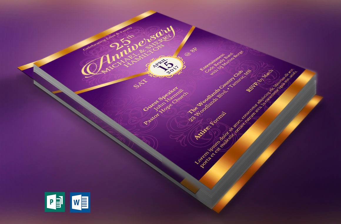 Purple Gold Anniversary Gala Flyer Publisher Word Template | Etsy