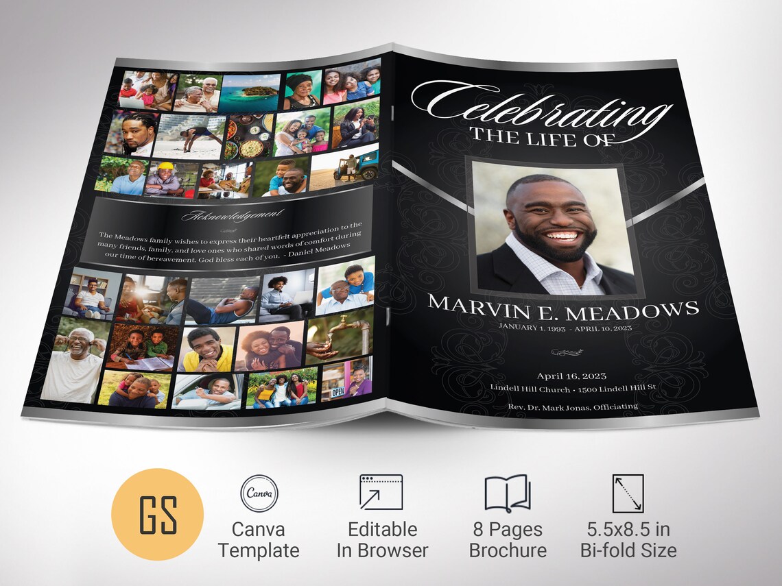 Black & Silver Funeral Program Template: Celebration of Life (canva, 5 ...