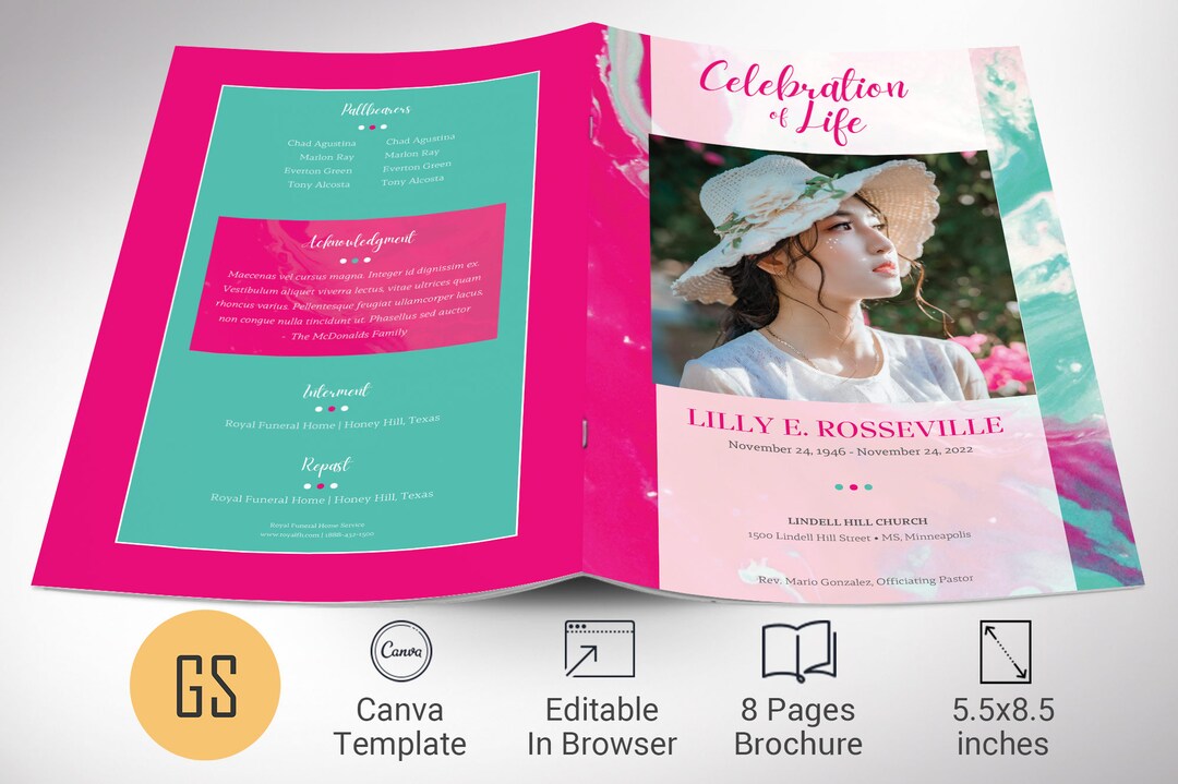 Teal Fuchsia Funeral Program Template: Celebration of Life (canva, 5 ...