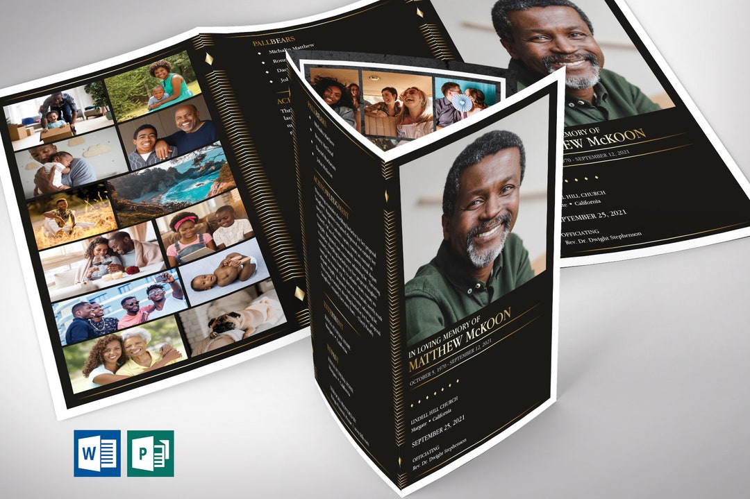 Diamond Funeral Program Template: Black & Gold Trifold Obituary (word ...