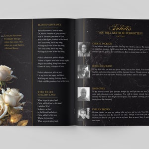 Rose Funeral Program Template: Black & Gold, 8-page Bifold Magazine ...