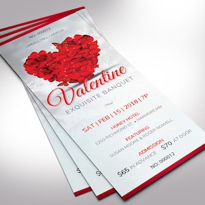 Petals Valentines Day Banquet Ticket Template for Templett Size 3x7 ...