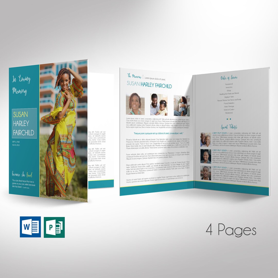 Teal Nature Tabloid Funeral Program Template Set, Word and Publisher ...