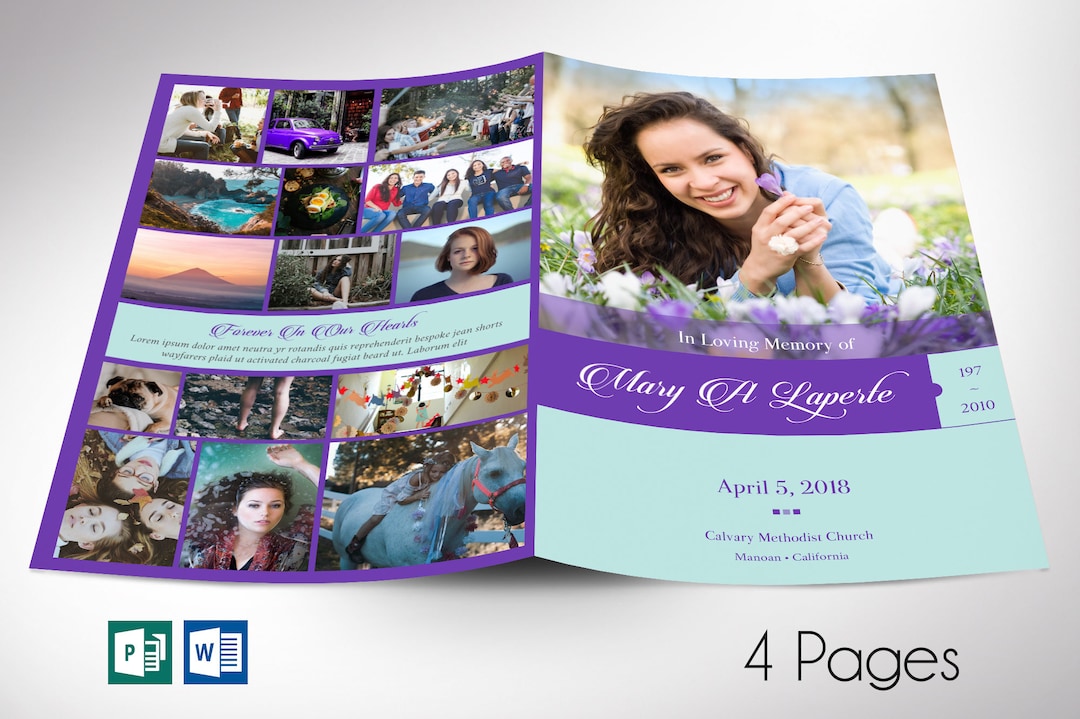 Remember Funeral Program Template, Word and Publisher, Purple Teal ...