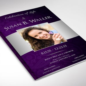 Purple Silver Funeral Program Template Set, Word and Publisher ...