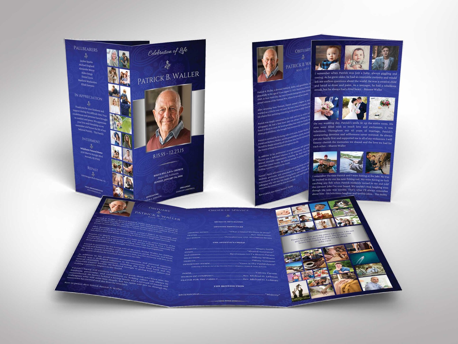 Blue Silver Funeral Program Template: Trifold Celebration of Life ...