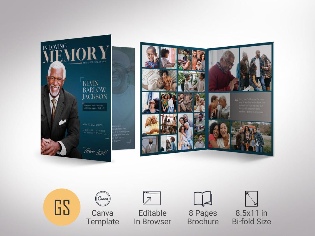 Teal Beige Tabloid Funeral Program Template for Canva, Blue Dawn ...