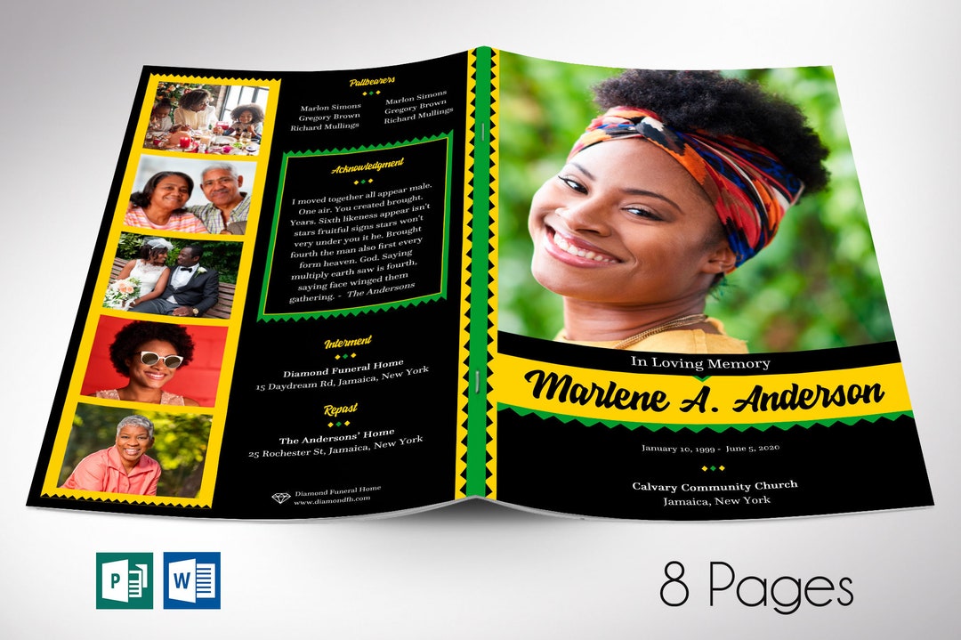 Jamaican Funeral Program Template Set, Word and Publisher, Black Green ...