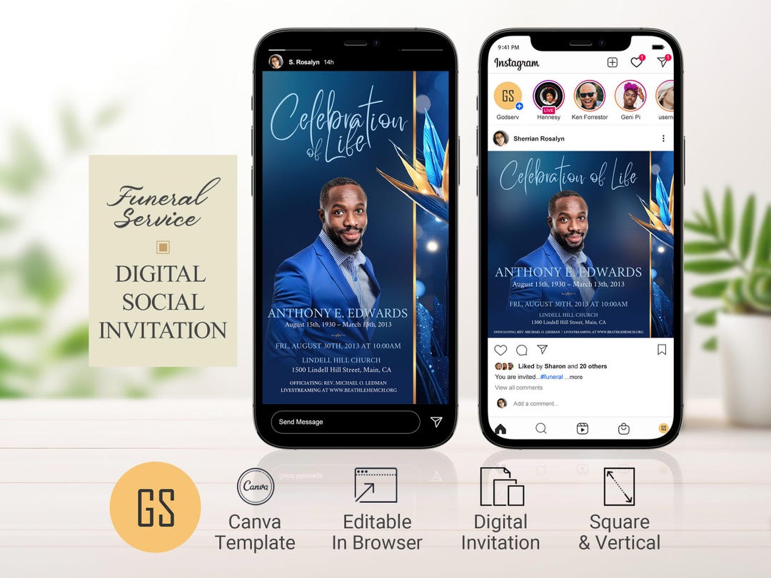 Plantilla de invitación digital para funeral en azul para Canva, azul ...