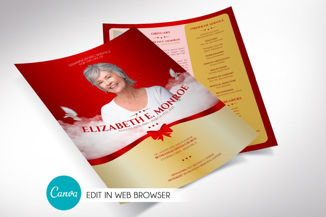 Red Ribbon Funeral Program Template for Canva, Red Gold, Celebration of ...