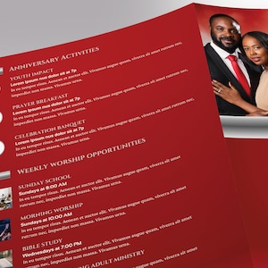 Pastor Anniversary Program Template for Canva: Red & Silver 4-page ...