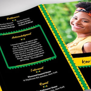 Jamaican Legal Trifold Funeral Program Canva Template, Black Green ...