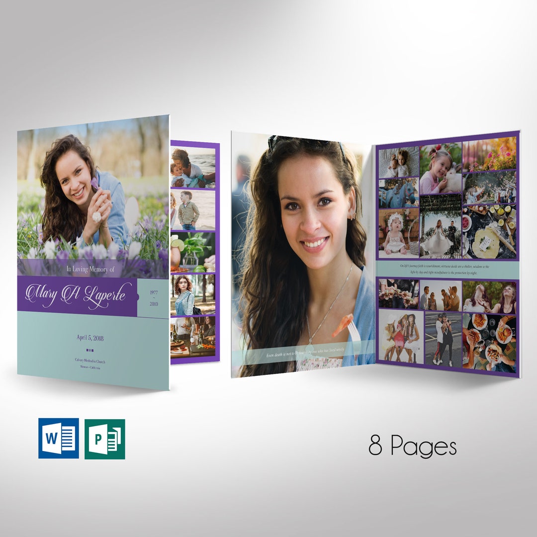 Purple Teal Tabloid Funeral Program Template Set, Word and Publisher ...