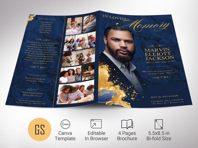 Navy Blue & Gold Funeral Program Template | Canva: 4-page Bifold ...