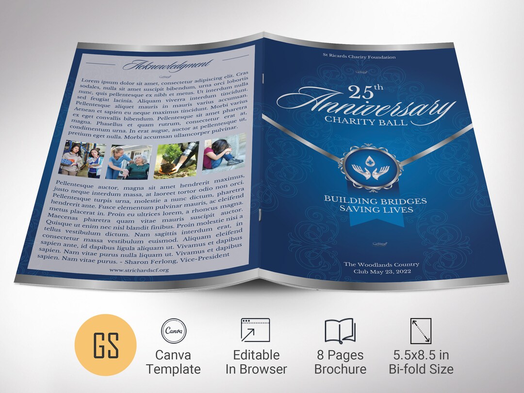 Blue & Silver Anniversary Gala Program Template | Canva: 8-page Bifold ...