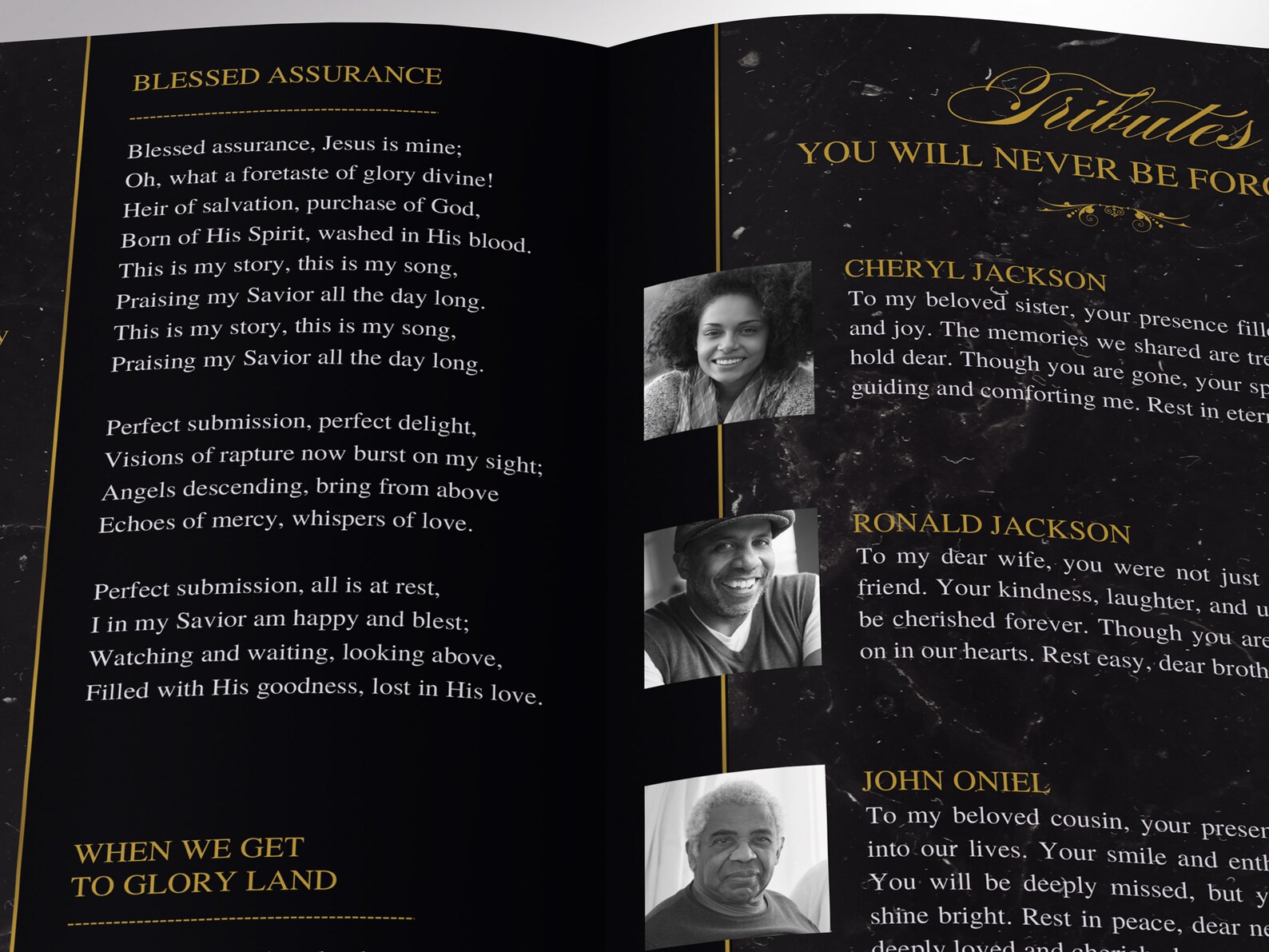 Classic Rose Funeral Program Template: Black & Gold, 8 Pages (canva ...