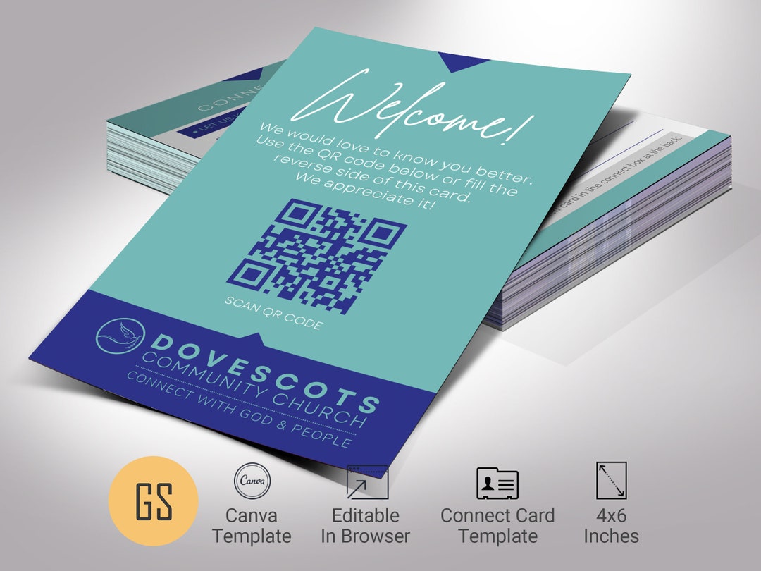 Modern Church Connect Card Template for Canva, Pastel Blue, QR Code ...