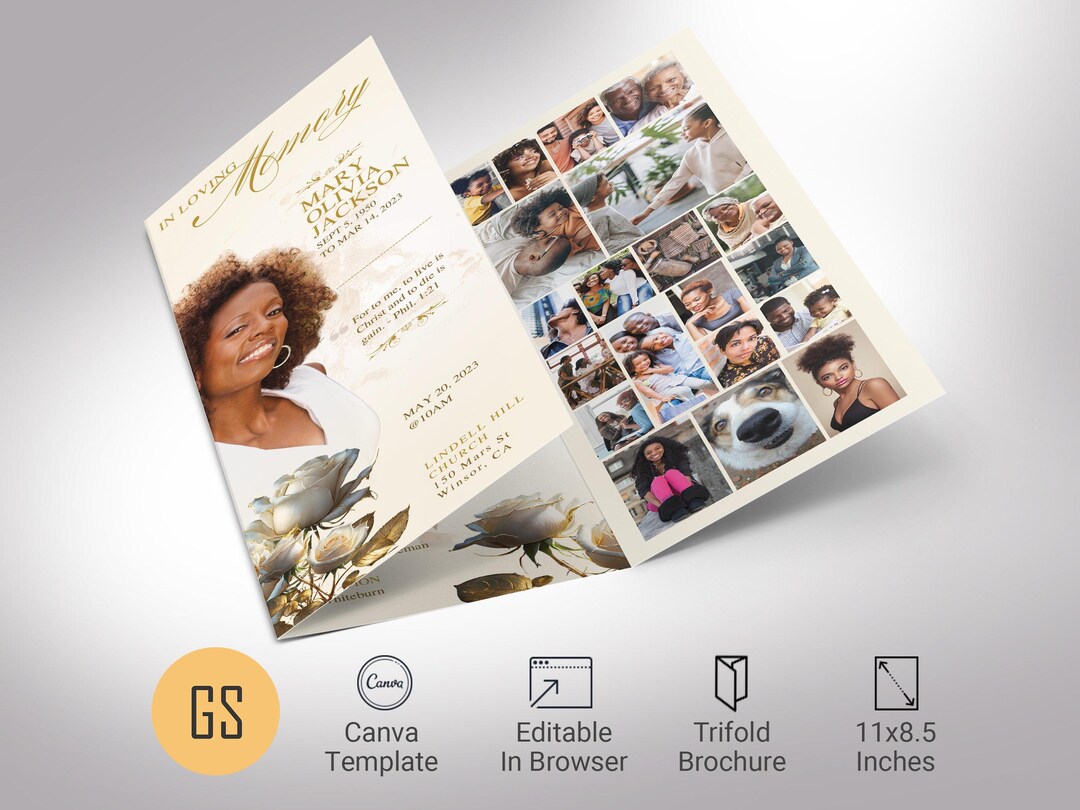 Beige Gold Rose Funeral Program Template, Canva Classic 11x8.5 Trifold ...
