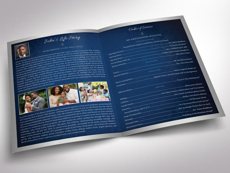 Blue Silver Funeral Program Template, 4 Page Celebration of Life ...