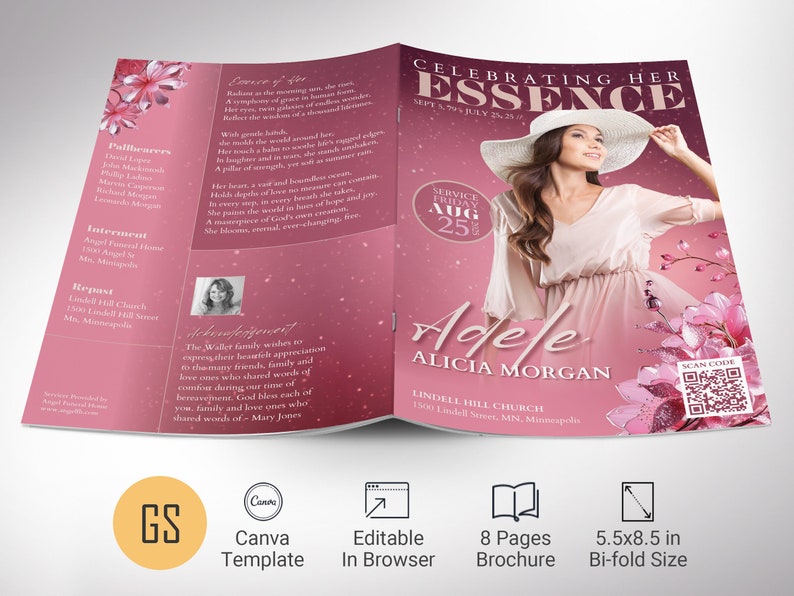 Floral Funeral Program Template: Pink Celebration of Life (5.5x8.5 ...