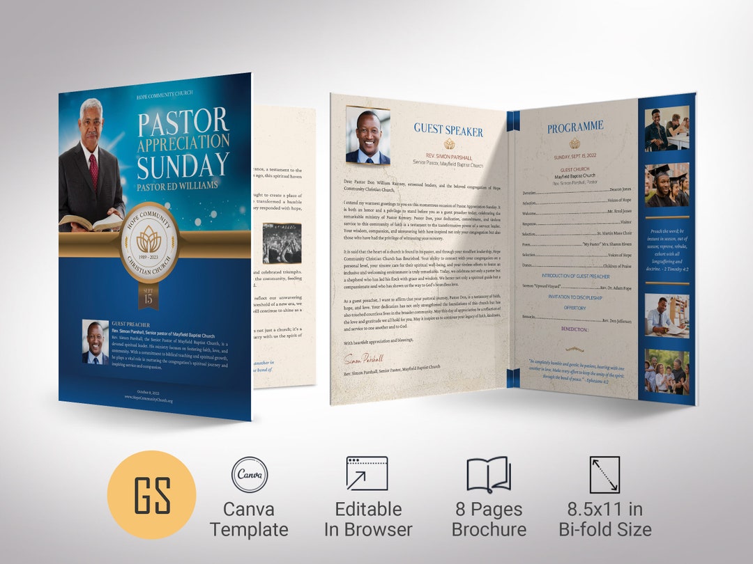 Pastor Appreciation Program Template: Blue & Gold Church Bulletin ...