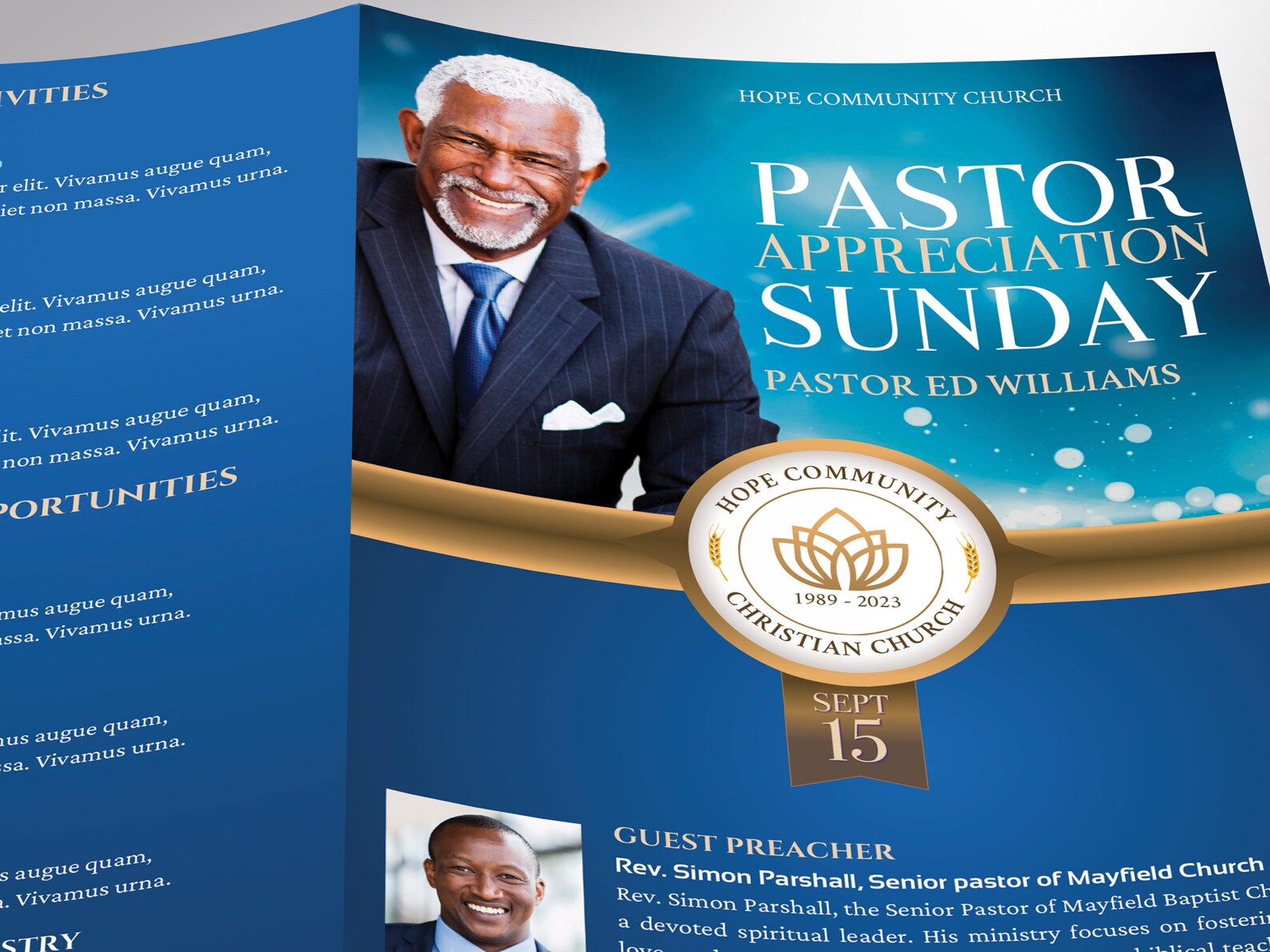 Blue and Gold Pastor Appreciation Program Template (canva, 5.5x8.5 In ...
