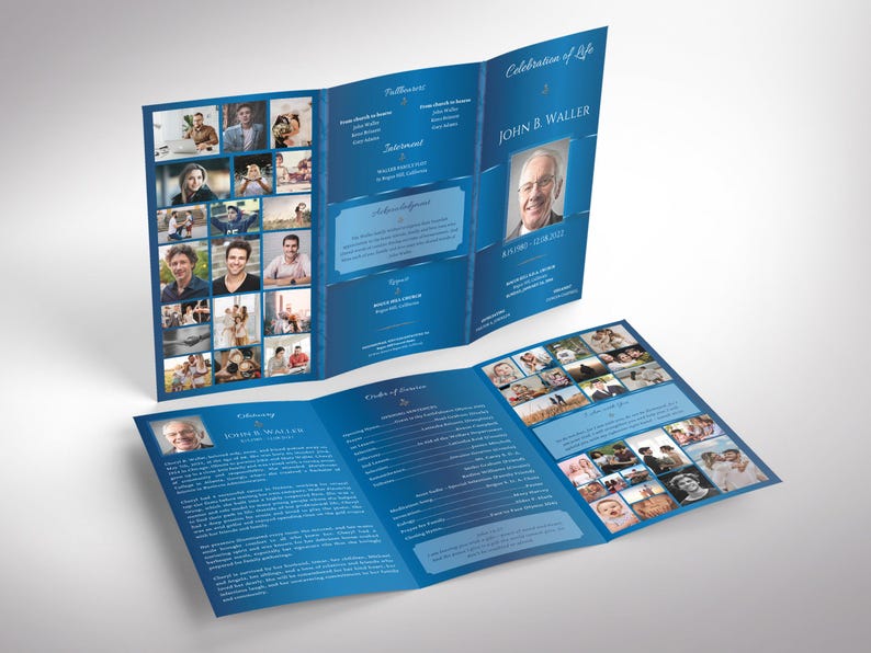Blue Funeral Program Template: Legal (14x8.5) Trifold Celebration of ...