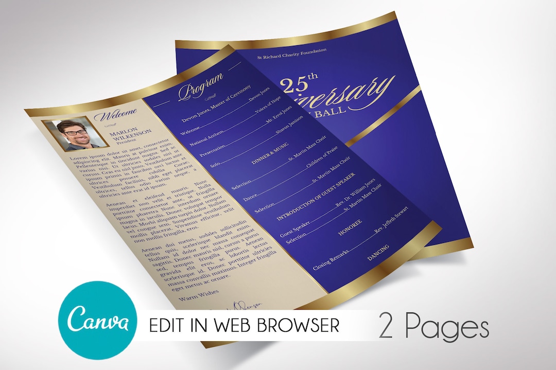 Violet Gold Anniversary Gala Program Template, Canva Template Single ...