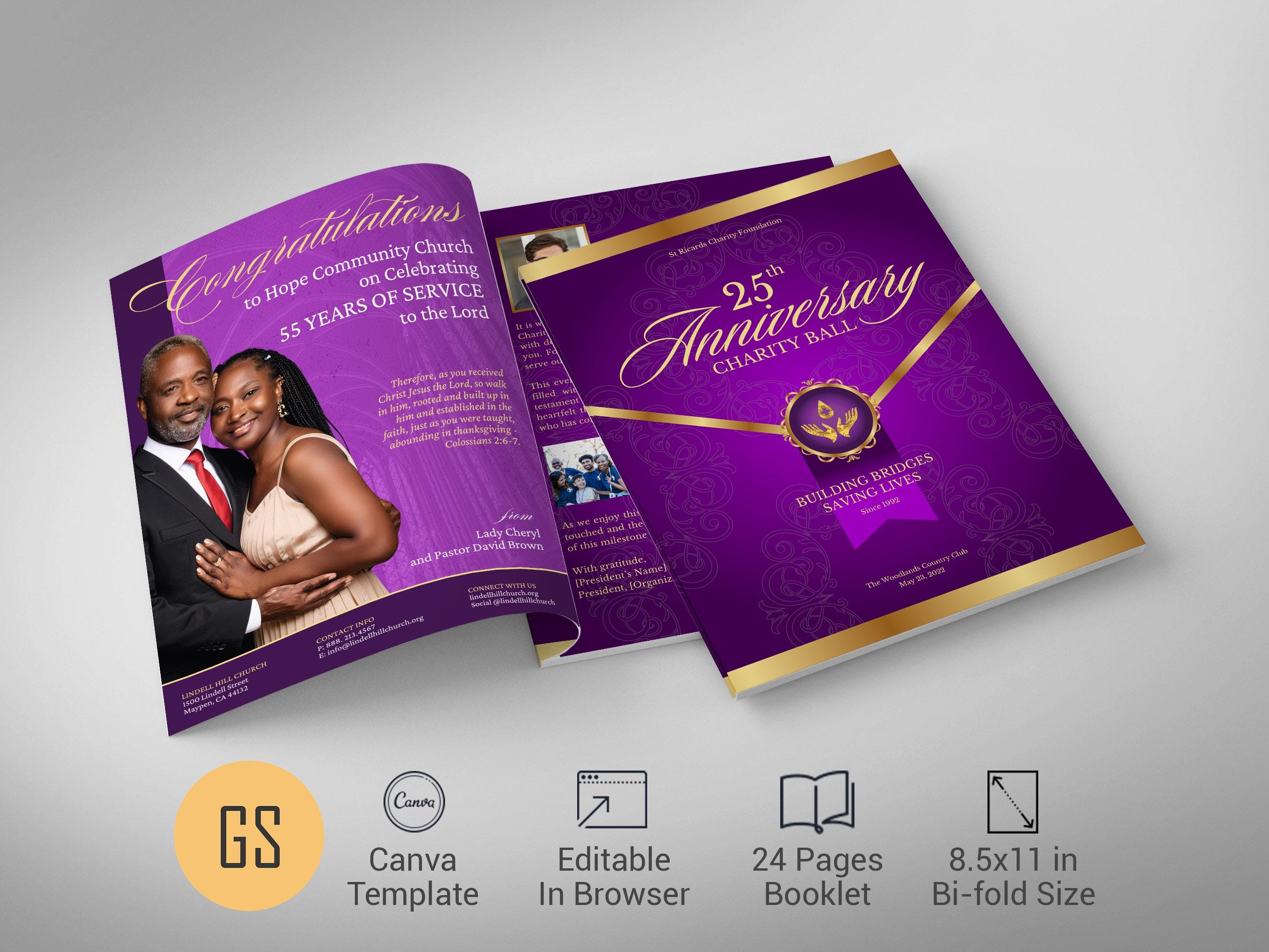 Church Anniversary Souvenir Book Template Purple & Gold Gala Program ...