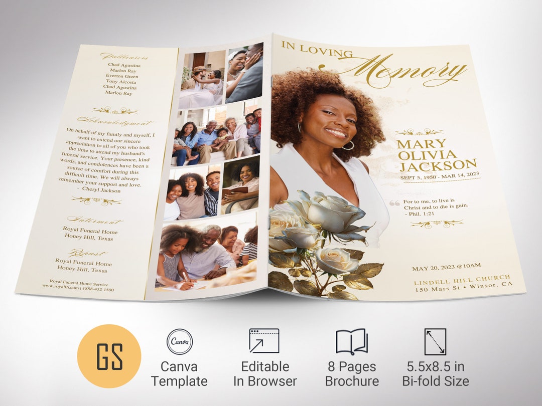 Classic Rose Funeral Program Template: Beige Gold Obituary (canva, 8 ...