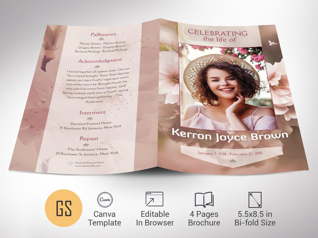 Cherry Blossom Funeral Program Template: Rose Gold Obituary (canva, 5 ...