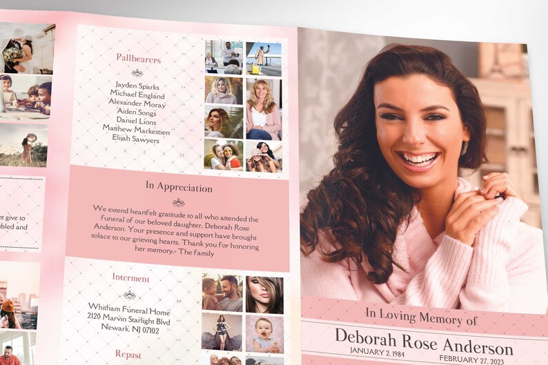 Pink Cherry Blossom Funeral Program Template for Canva: Tabloid Trifold ...