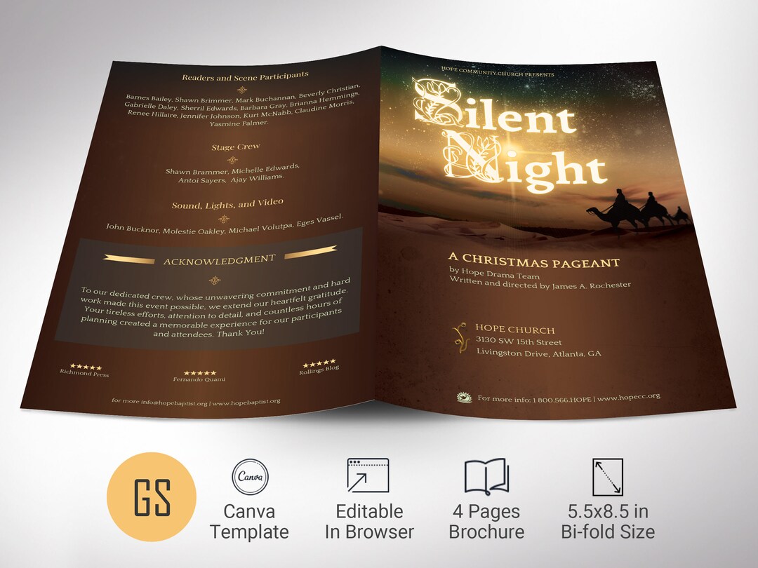 Silent Night Christmas Program Template, Canva, Gold Teal, Church ...