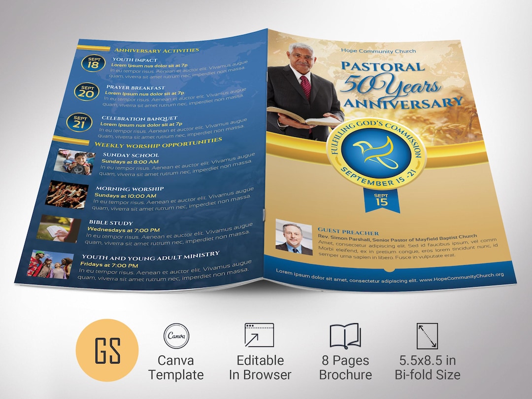 Church Anniversary Program Template: Blue & Gold Banquet (canva, 5.5x8 ...