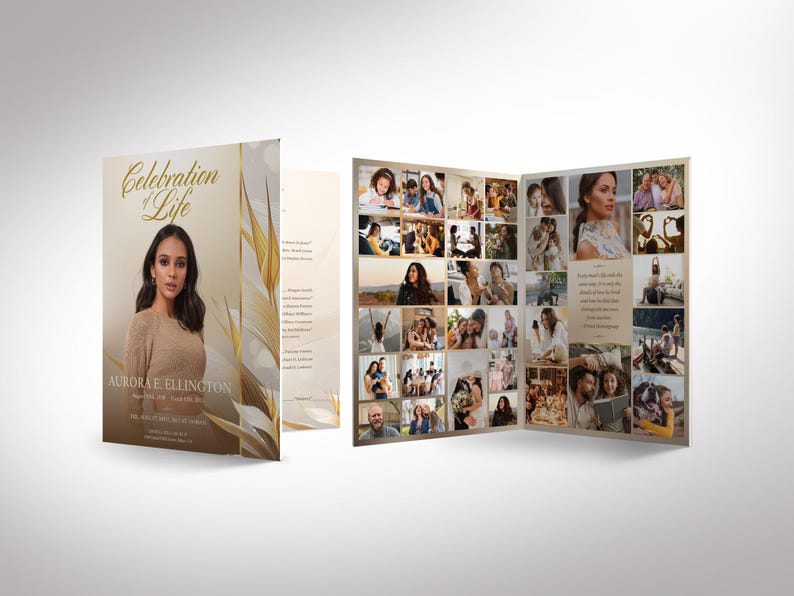 Beige Funeral Program Template for Canva: 8-page Paradise Bifold ...