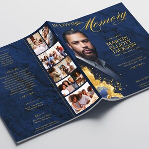 Navy Blue & Gold Funeral Program Template: 8-page Bifold Memorial ...